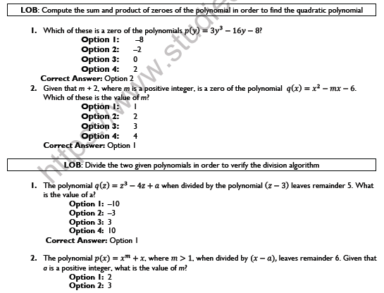 CBSE Class 10 Mathematics Polynomials Worksheet Set E